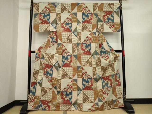 平和屋着物●小千谷紬　市松吉祥文　正絹　逸品　未使用　AAAX6959ck