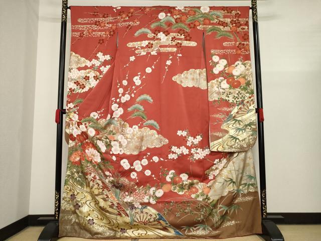 平和屋着物●豪華振袖　駒刺繍　片輪車花文　金糸　金彩　正絹　逸品　AAAX6968ck