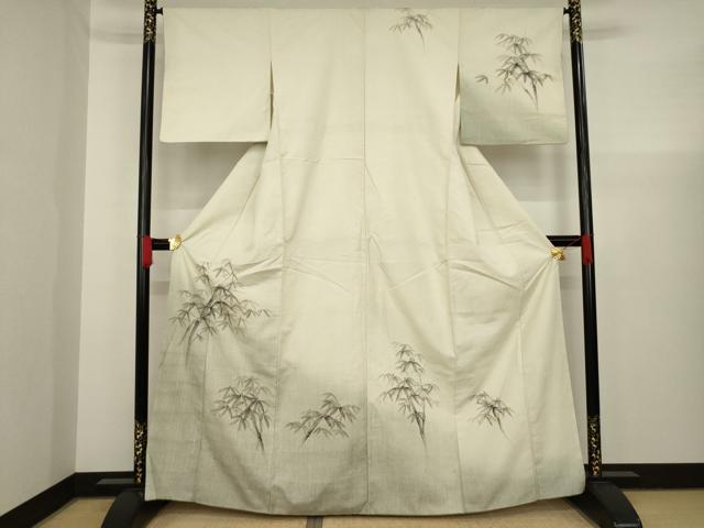 平和屋着物●訪問着　紬地　手描き　笹竹文　暈し染め　正絹　逸品　AAAX6981ck