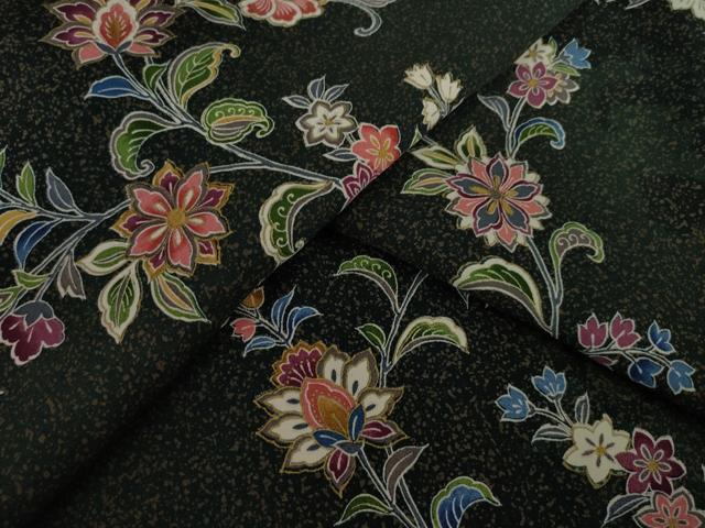 平和屋着物●上質な小紋　更紗花文　黒地　金彩　正絹　逸品　AAAX6984ck