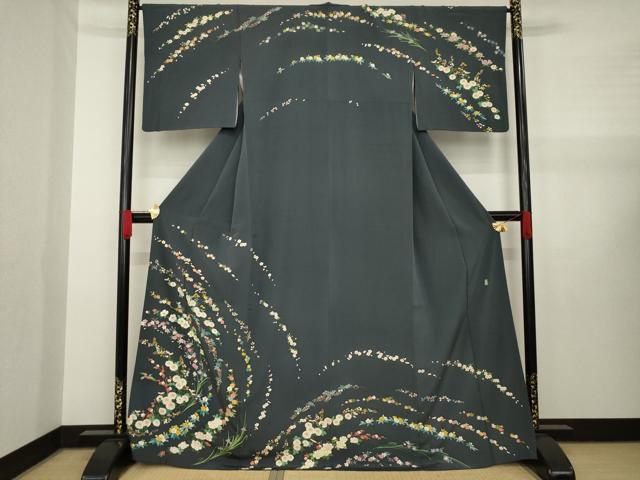 平和屋着物●本加賀友禅作家　窪田裕兆　訪問着　刺繍　草花文　金糸　金彩　正絹　逸品　AAAX8325ck