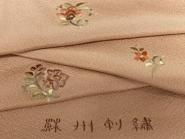 平和屋着物●上質な小紋　蘇州刺繍　草花文　金糸　丹後ちりめん　ますいわ屋扱い　反端付き　正絹　逸品　AAAY0013zg