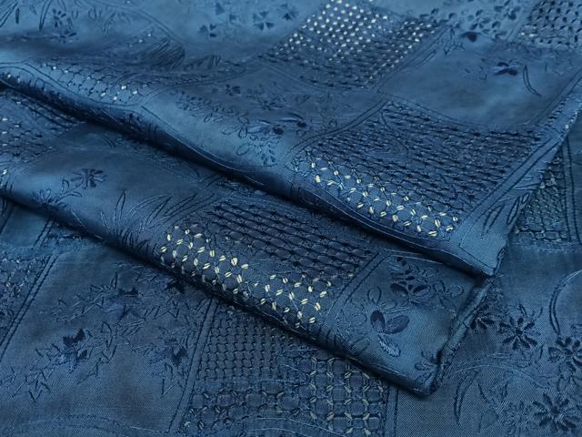 平和屋着物●総刺繍　小紋　藍　花冊子文　正絹　逸品　AAAY0042zg