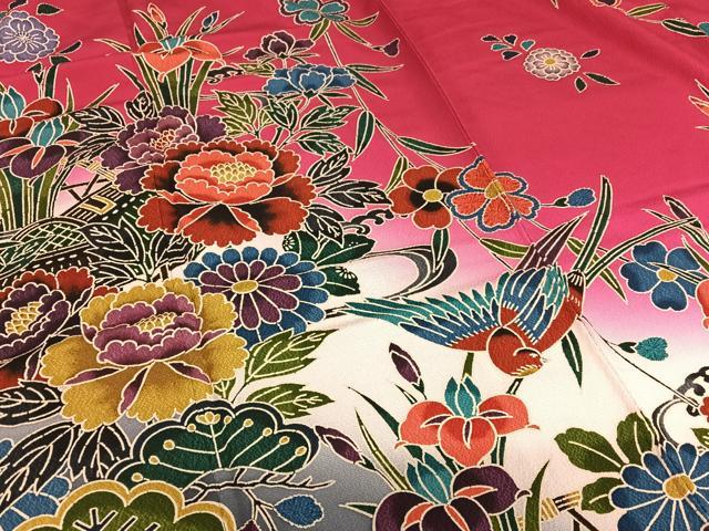 平和屋着物●紅型　振袖　花鳥文　正絹　逸品　AAAX0229np 平和屋着物○紅型 振袖 花鳥文 正絹 逸品 AAAX0229np 平和屋着物○紅型