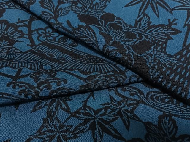平和屋着物●本藍　小紋　型染め　風景草花文　正絹　逸品　AAAY0077zg
