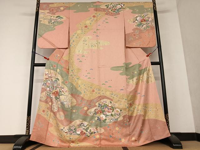 平和屋着物●訪問着　御所車鴛鴦花文　金彩　正絹　逸品　AAAY0147zg