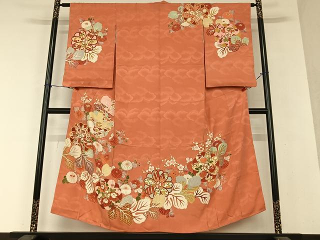 平和屋着物●アンティーク　大正ロマン　訪問着　駒刺繍　草花文　金彩　正絹　逸品　AAAY0175zg