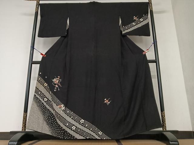 平和屋着物●訪問着　絞り　刺繍　扇面花文　黒地　正絹　逸品　AAAY0320zg