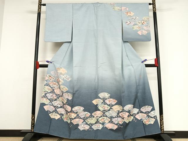 平和屋着物●十日町　加賀草木友禅の第一人者　田村哲彦　訪問着　紬地　地紙吉祥花鳥文　暈し染め　正絹　逸品　AAAY1482np