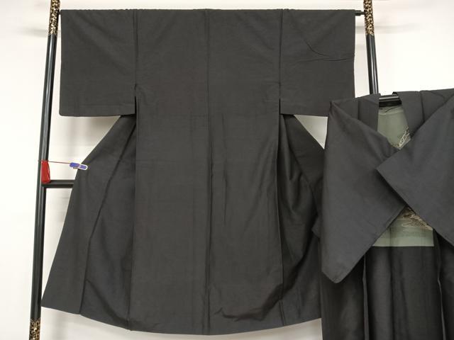 平和屋着物●男性　紬　アンサンブル　色無地　濡羽色　正絹　逸品　AAAY1548np