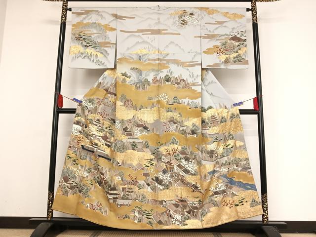 平和屋着物●訪問着　手描き　人物風景文　暈し染め　金彩　正絹　逸品　AAAY1599np