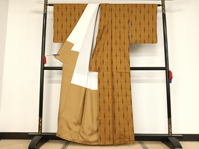 平和屋着物○彩黄八丈 紬 市松彩織り 格子 反端付き 正絹