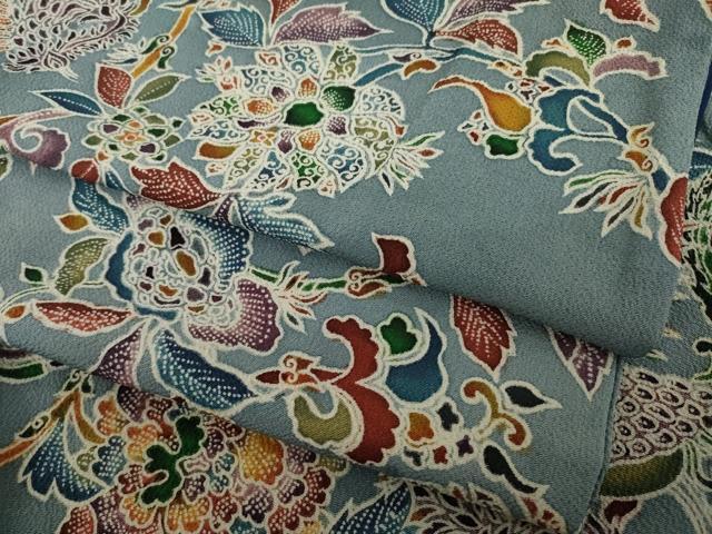 平和屋着物●上質な小紋　手描き　更紗鳳凰花文　鬼しぼ縮緬　正絹　逸品　AAAY1888ck