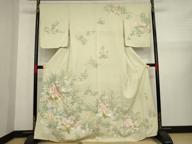 平和屋着物●水蝋染技法　画家　津田瑞穂　訪問着　草花文　金彩　正絹　逸品　未使用　AAAY1898ck