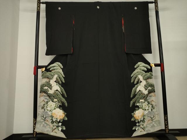 平和屋着物●アンティーク　大正ロマン　黒留袖　型友禅　両妻　飛鶴花文　金糸　正絹　逸品　AAAY4739ck