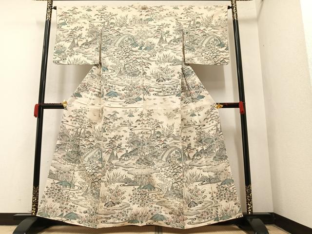 平和屋着物●染織の名門　しょうざん 　生紬　訪問着　風景草花文　正絹　逸品　AAAY5596ph