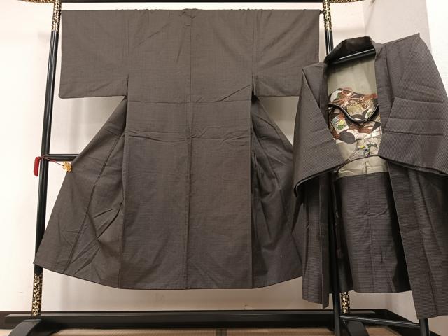 平和屋着物●男性　お召　アンサンブル　亀甲柄　正絹　逸品　AAAY5617ph