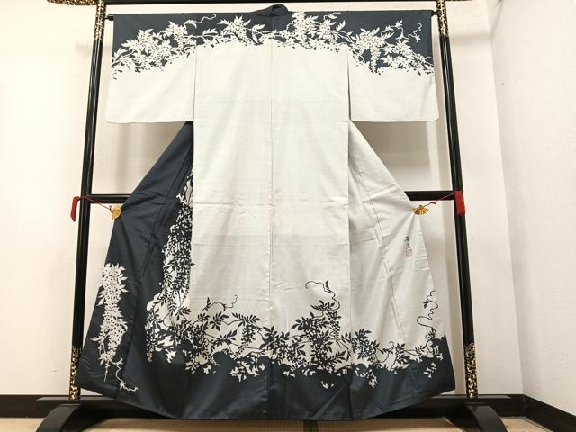 平和屋着物●巨匠　前田華清　手描き　本場染大島紬　訪問着　草花シルエット　正絹　逸品　AAAY5619ph