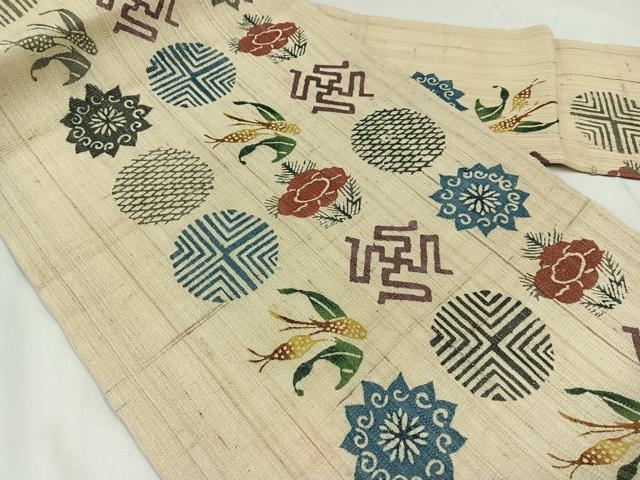 平和屋着物○九寸名古屋帯 草花文 金彩 鬼しぼ縮緬 正絹 逸品