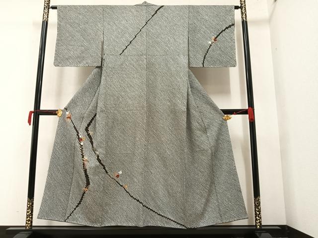 平和屋着物●訪問着　絞り　刺繍　松竹梅文　黒地　金彩　正絹　逸品　AAAY6335ph