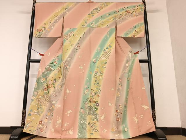 平和屋着物●訪問着　友禅　駒刺繍　草花文　暈し染め　金彩　正絹　逸品　AAAY6445zg