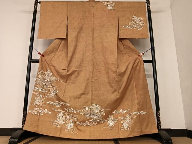 平和屋着物●訪問着　友禅　紬地　松竹梅風景文　正絹　逸品　AAAY6481zg