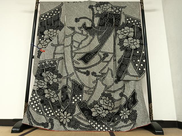 平和屋着物●豪華振袖　絞り　几帳花文　黒地　正絹　逸品　AAAY6567zg