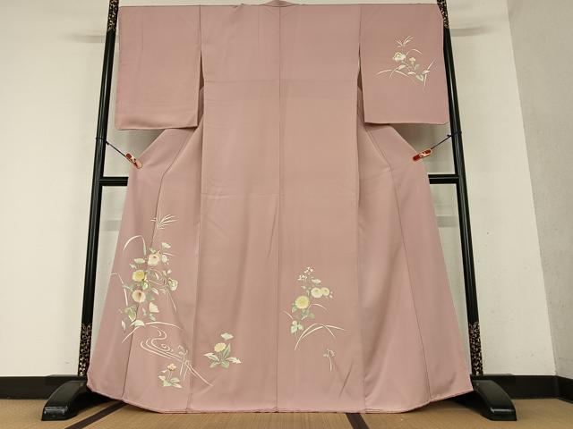 平和屋着物●訪問着　駒刺繍　流水草花文　金彩　正絹　逸品　AAAY6600zg