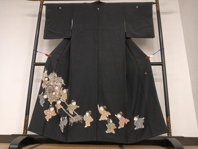 平和屋着物●十日町友禅作家　関口遼一　黒留袖　童子　山車　正絹　逸品　AAAY6629zg