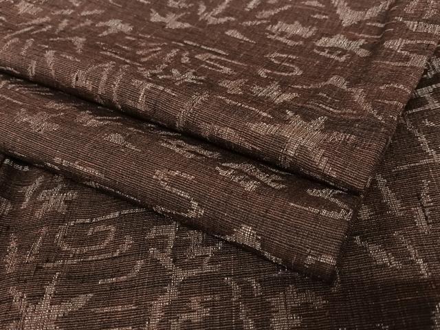 平和屋着物●結城縮　風景草花文　黒鳶色　正絹　逸品　AAAY6652zg