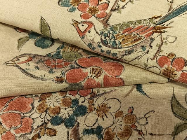 平和屋着物●上質な小紋　紬地　手描き　枝花に休み鳥　正絹　逸品　AAAY6656zg