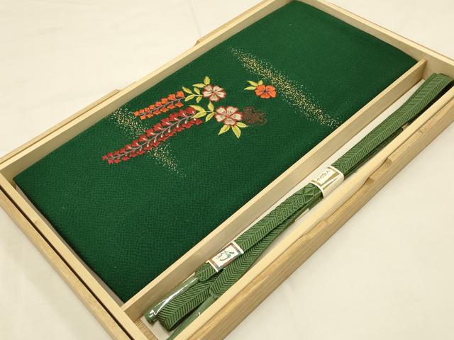 平和屋着物●和装小物　帯締め・帯揚げセット　刺繍　笹浪組　霞花文　金彩　鬼しぼ縮緬　正絹　逸品　未使用　AAAY7111ay