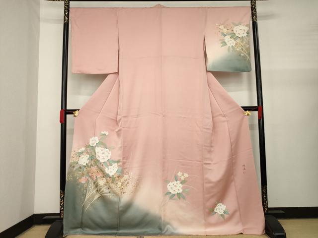 平和屋着物●訪問着　作家物　草花文　暈し染め　金銀彩　ロング丈　正絹　逸品　AAAY7333ck