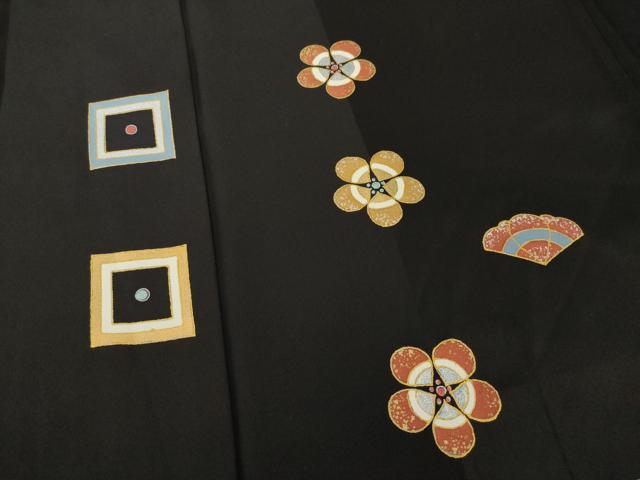 平和屋着物○女優・吉永小百合 訪問着 色紙舞扇花文 黒地 金銀彩