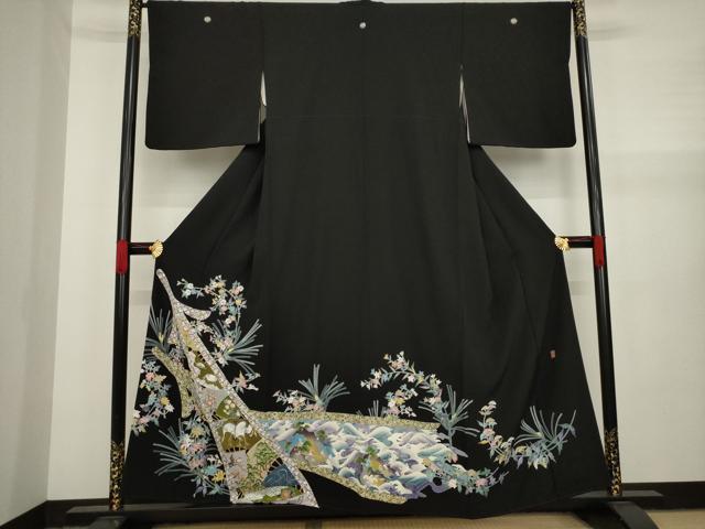 平和屋着物●本加賀友禅作家　茶谷孝志　黒留袖　風景吉祥文　鶴　亀　正絹　逸品　AAAY7356ck