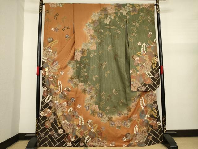 平和屋着物●豪華振袖　刺繍　花桐文　暈し染め　金糸　正絹　逸品　AAAY7368ck