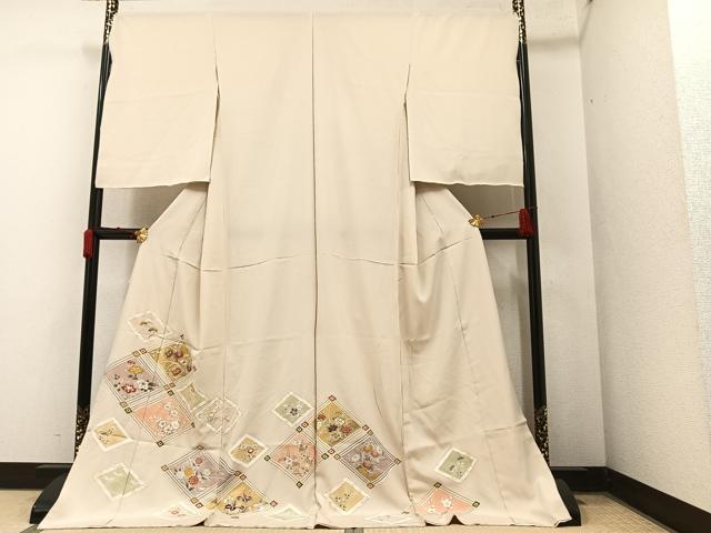 平和屋着物●色留訪問着　友禅　駒刺繍　草花菱文　金彩　仮絵羽　正絹　逸品　未使用　AAAY7917ph