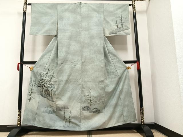 平和屋着物●訪問着　紬地　手描き　風景樹林文　暈し染め　金彩　正絹　逸品　AAAY7940ph