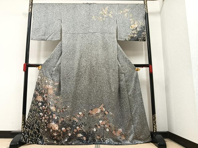 平和屋着物●訪問着　扇面糸巻枝花文　たたき染め　金彩　正絹　逸品　AAAY7941ph