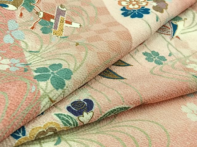 平和屋着物▽小紋　単衣　流水花蝶文　金彩　洗える着物　AAAY8319jh