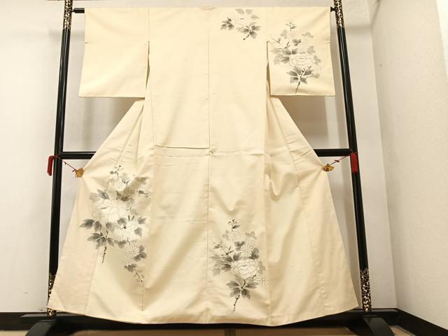 平和屋着物●訪問着　紬地　手描き　枝花文　正絹　逸品　AAAY8631ph