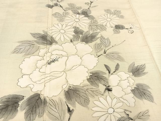 平和屋着物○訪問着 紬地 手描き 刺繍 枝花文 正絹 逸品 未