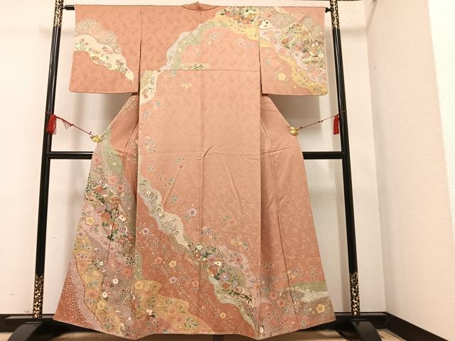 平和屋着物●訪問着　御所車草花文　金彩　正絹　逸品　AAAY8648ph