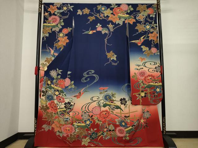 平和屋着物●手ざし京紅型染・宮崎紅型　宮崎良次　振袖　風景花鳥文　暈し染め　正絹　逸品　AAAY9001ck