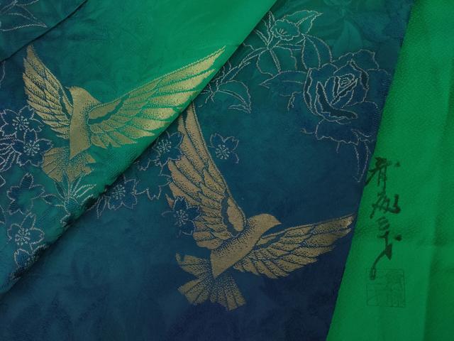 平和屋着物●染色作家　斉藤三才　振袖　寿光織　花鳥文　薔薇　暈し染め　金糸　正絹　逸品　AAAY9004ck