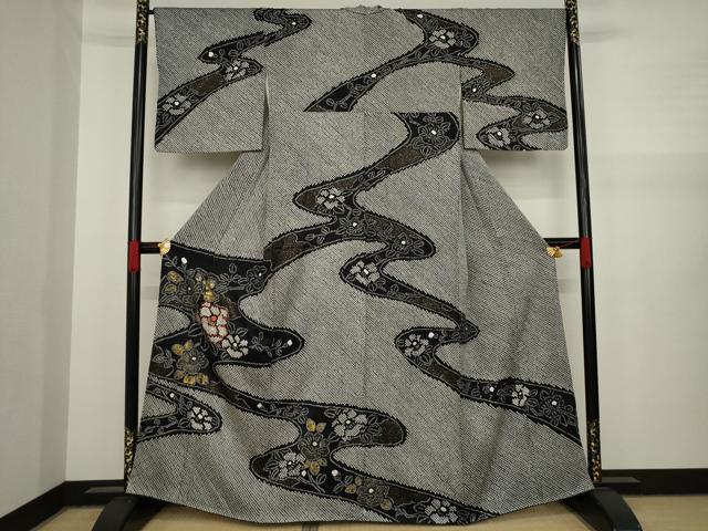 平和屋着物●訪問着　総絞り　刺繍　流水花文　椿　黒地　金糸　金彩　正絹　逸品　AAAY9005ck