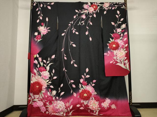 平和屋着物●豪華振袖　草花文　黒地　正絹　逸品　AAAY9010ck