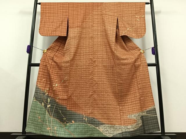 平和屋着物▽訪問着　単衣　紬地　流水枝葉文　暈し染め　金彩　正絹　逸品　未使用　AAAY9411jh