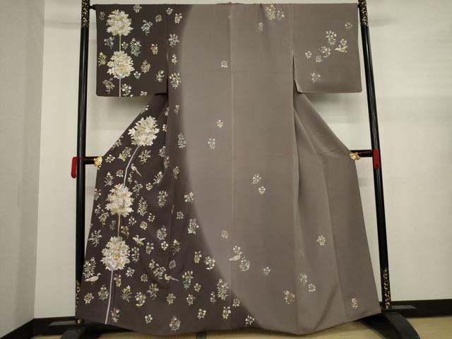 平和屋着物●訪問着　総刺繍　相良刺繍　花鳥文　暈し染め　金糸　正絹　逸品　AAAY9767ck