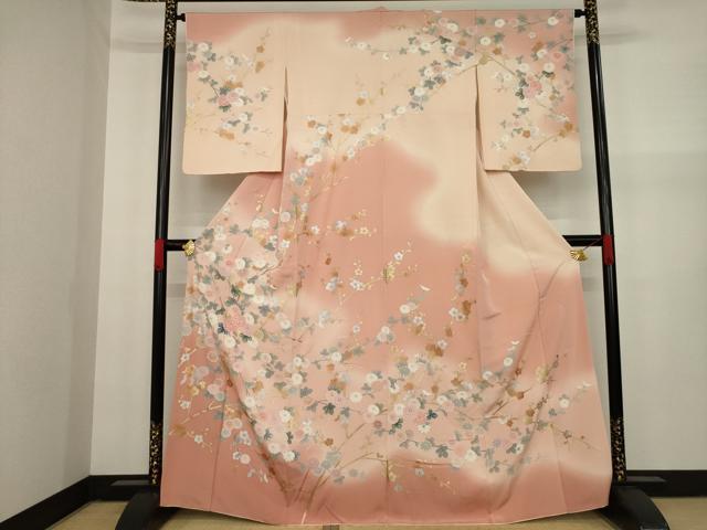 平和屋着物●十日町友禅作家　松雨　訪問着　枝花文　暈し染め　金銀彩　正絹　逸品　AAAY9768ck